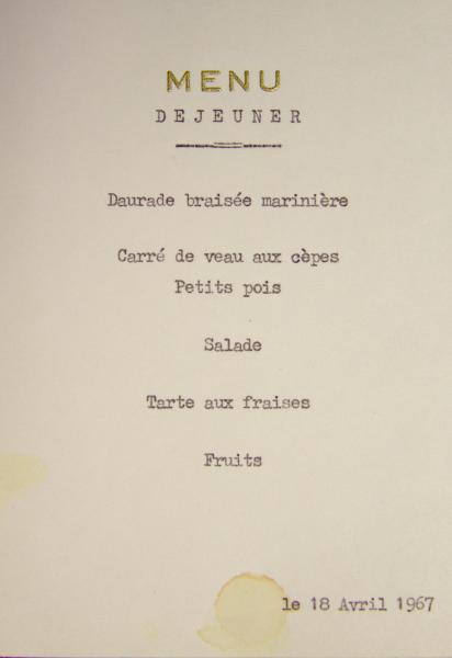 Menu de déjeuner : Matignon, 17 avril 1967 | Institut Georges Pompidou Menu de déjeuner : Matignon, 17 avril 1967 | Institut Georges Pompidou